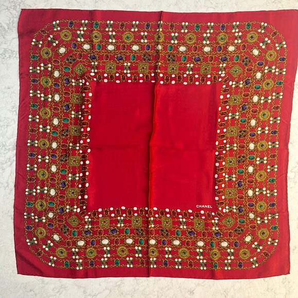CHANEL | Accessories | Vintage Chanel Red Jeweled Motif Silk Scarf Uec ...